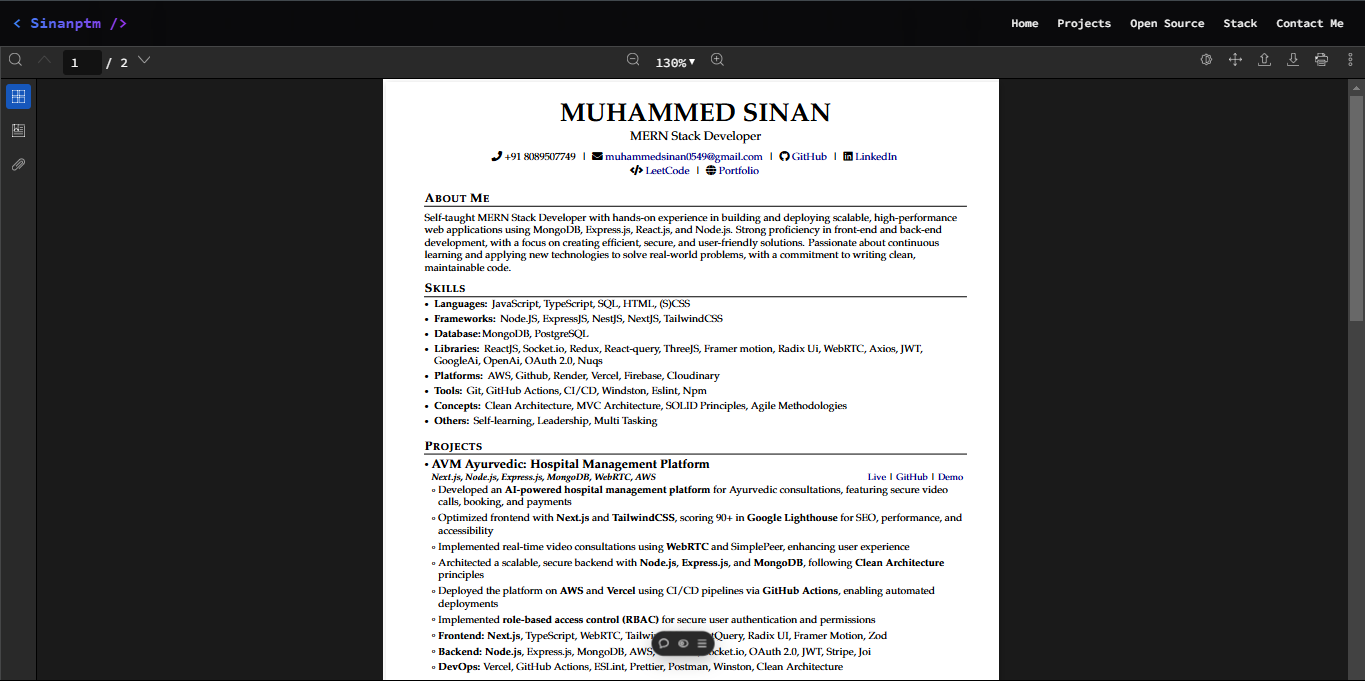 Resume | Muhammed Sinan - Full Stack Developer